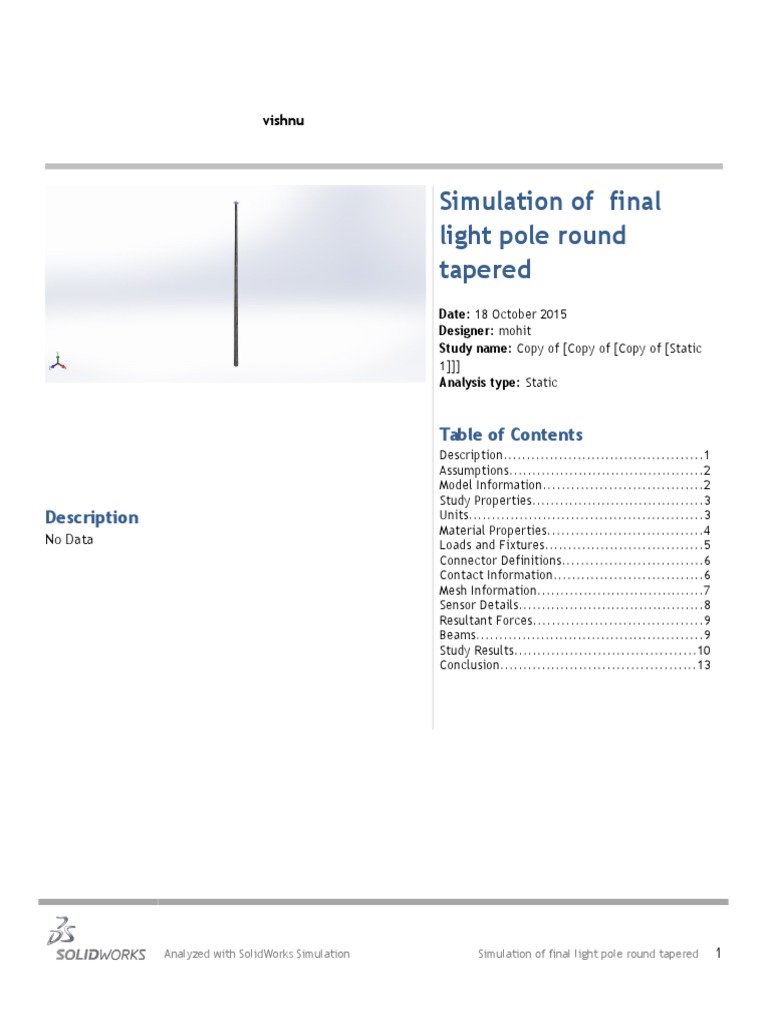 SolidWorks Light Pole Simulation Analysis | PDF | Strength Of Materials ...