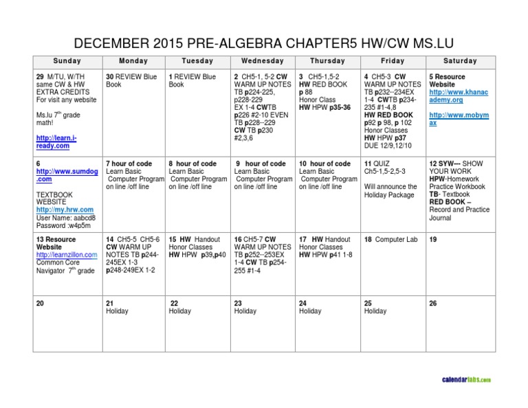 December 2015 Pre-Algebra Assignments | PDF