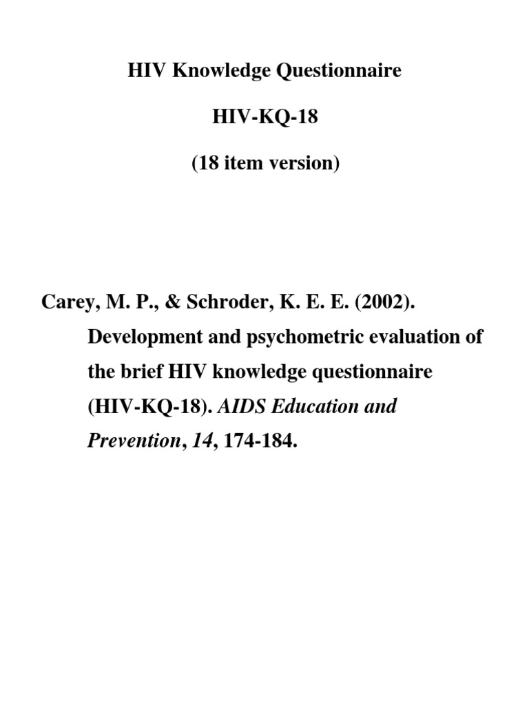 HIV Knowledge Questionnaire (HIV-KQ-18) | PDF | Hiv/Aids | Factor Analysis