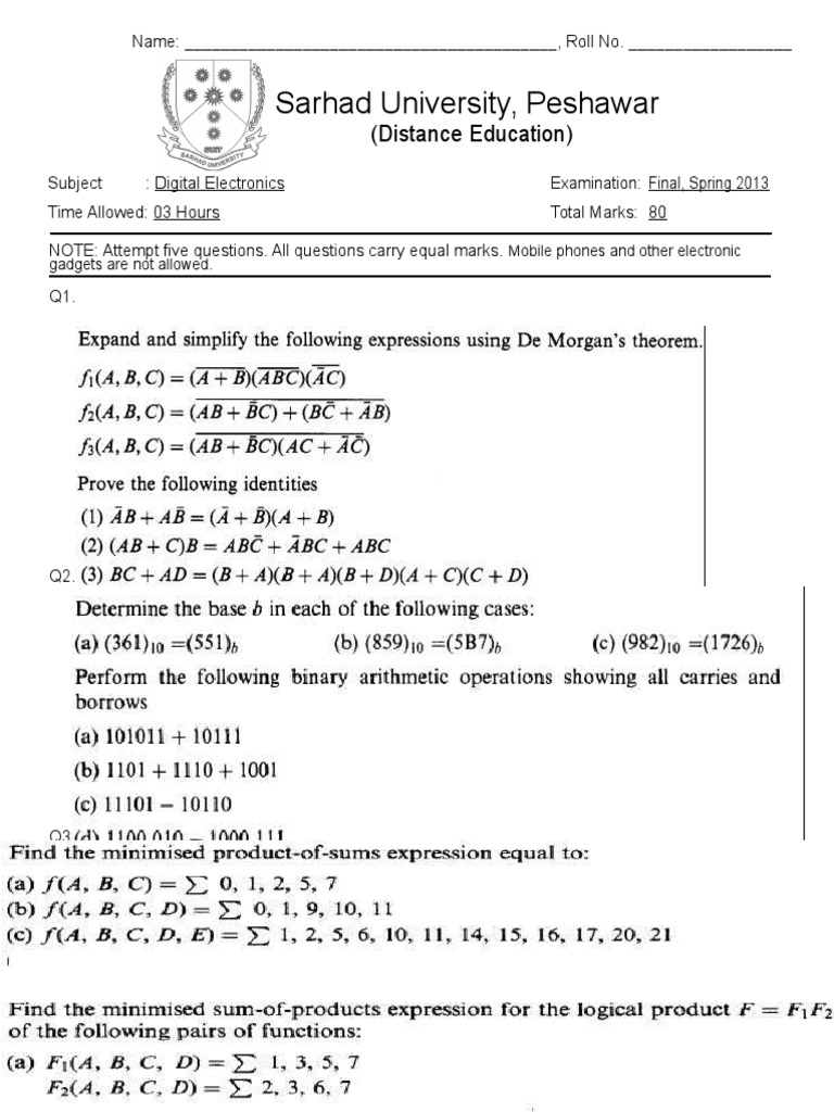 Digital Electronics Exam 2013 | PDF | Computers