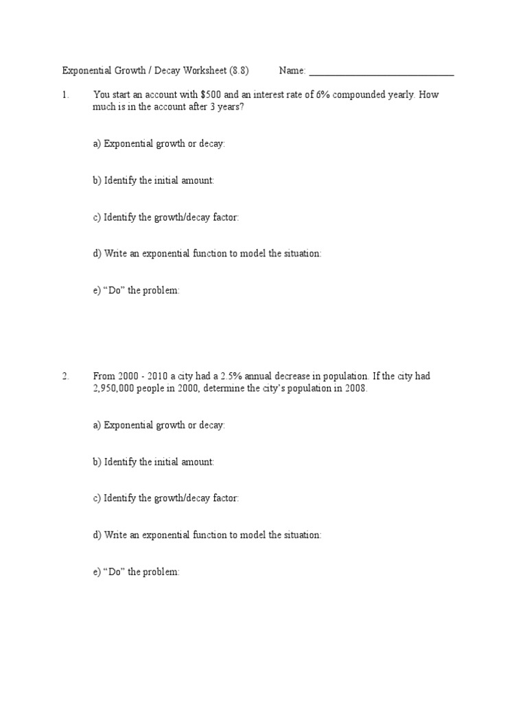 Exponential Growth and Decay Worksheet | PDF | Business | Finance ...