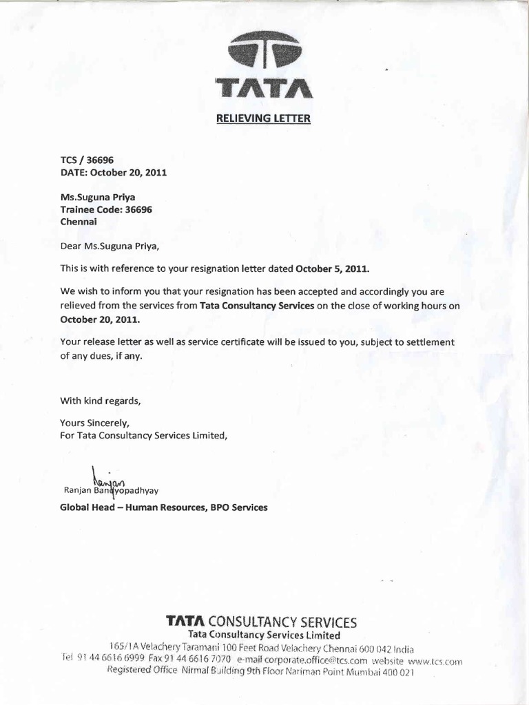 TCS - Relieving Letter | PDF | Computing And Information Technology ...