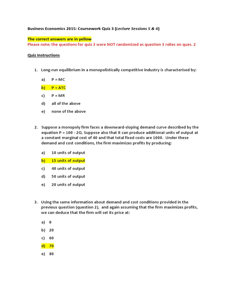 Microeconomics Quiz on Competition Types | PDF | Perfect Competition ...