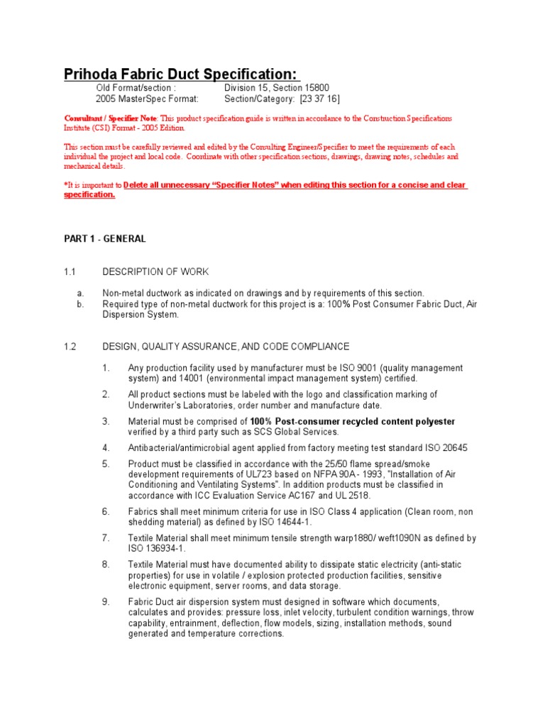 Prihoda Recycled Fabric Duct Specification | PDF | Duct (Flow ...