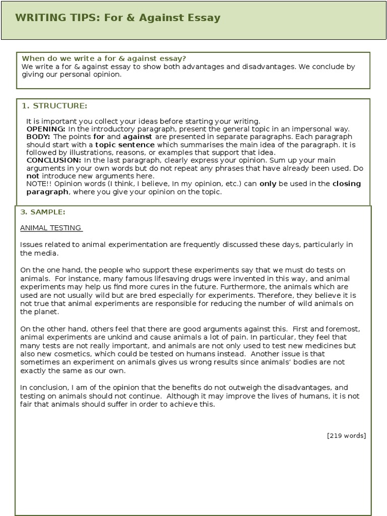 WRITING TIPS: For & Against Essay: 1. Structure | PDF | Essays | Experiment