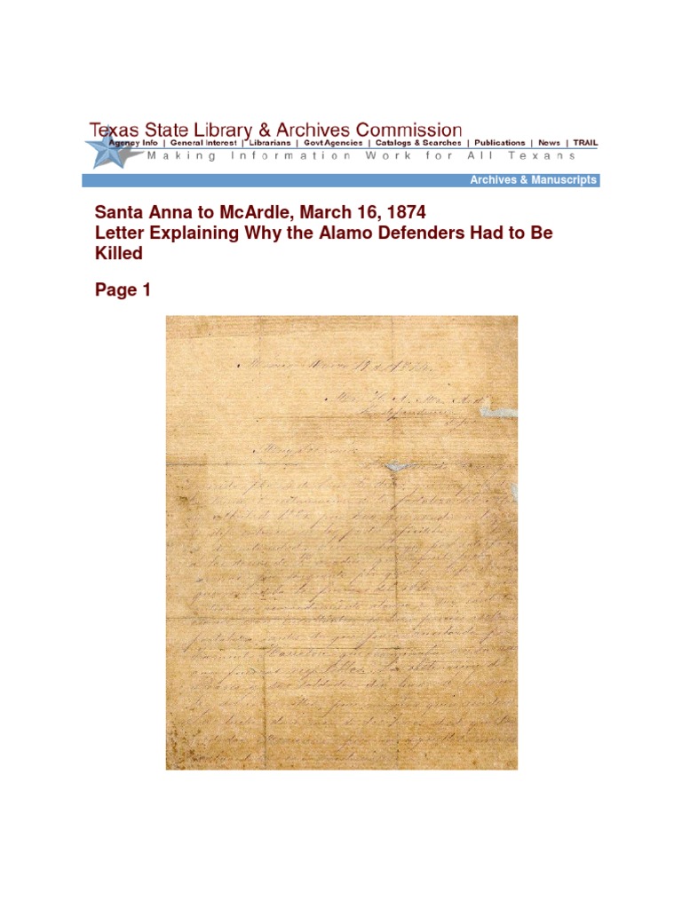 Texas Treasures. Santa Anna Letter About The Alamo | PDF | Battle Of ...