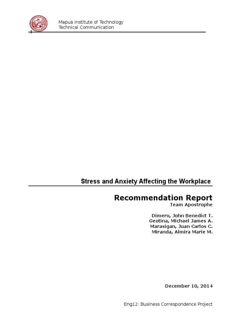 Final Recommendation Report | PDF | Occupational Stress | Stress (Biology)