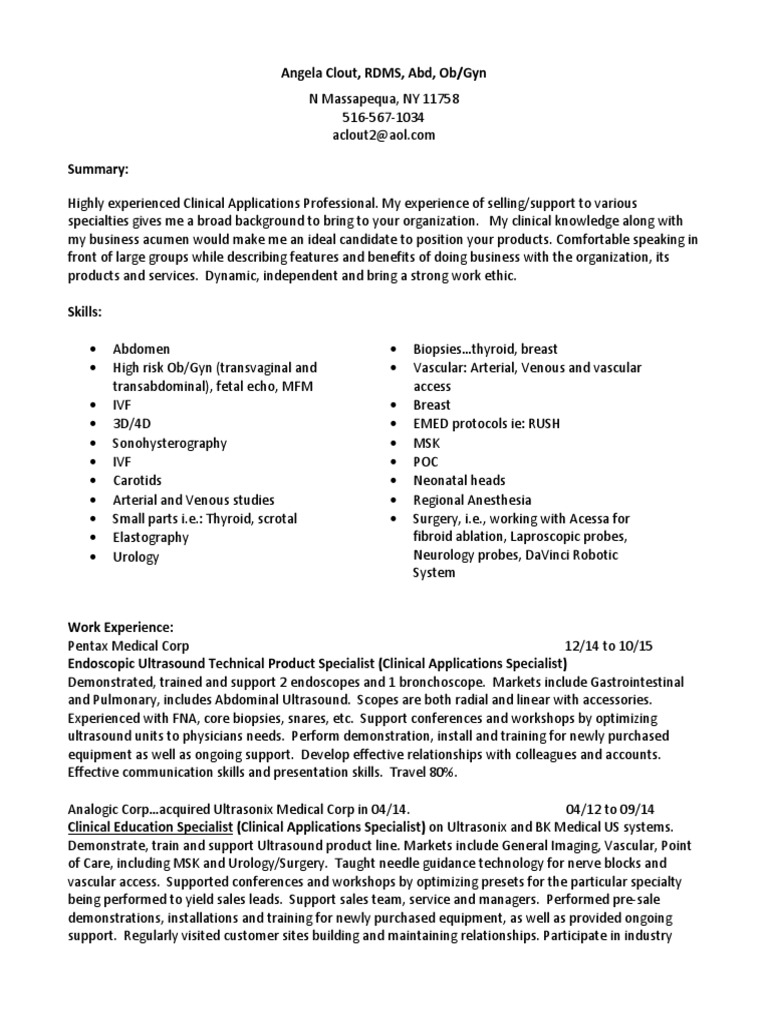 Clinical Education Specialist Ultrasound in New York NY Resume Angela ...