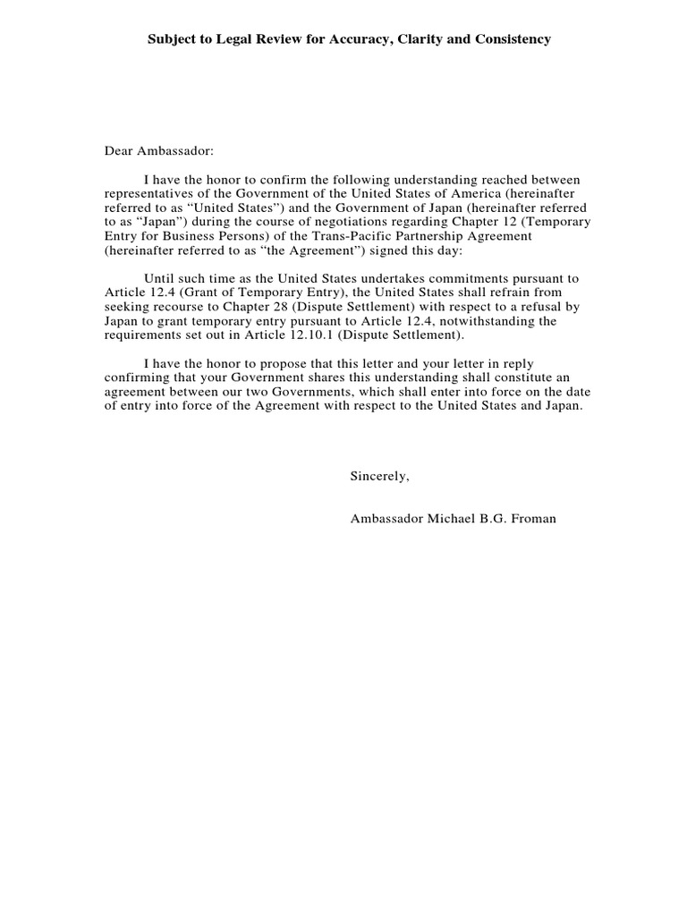 TPP Final Text US JP Letter Exchange Re Temporary Entry | PDF | Trans ...