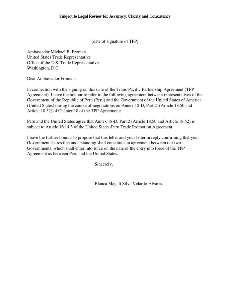 TPP Final Text US PE Letter Exchange Re Article 16143 of US Peru TPA ...
