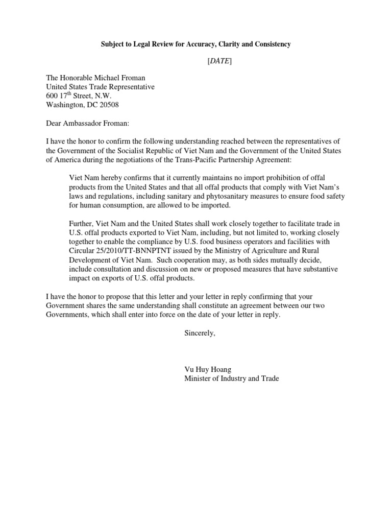 TPP Final Text US VN Letter Exchange On Offals | PDF | Trans Pacific ...
