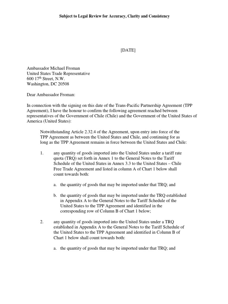 TPP Final Text US CL Letter Exchange Regarding Recognition of FTA TRQs ...