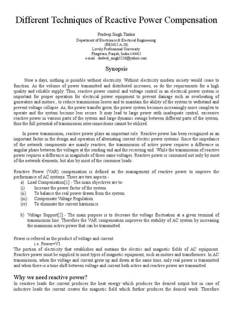 Different Techniques of Reactive Power Compensation | PDF | Ac Power ...