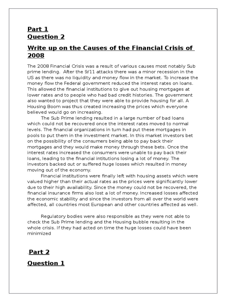 Write Up On The Causes of The Financial Crisis of 2008 | PDF ...