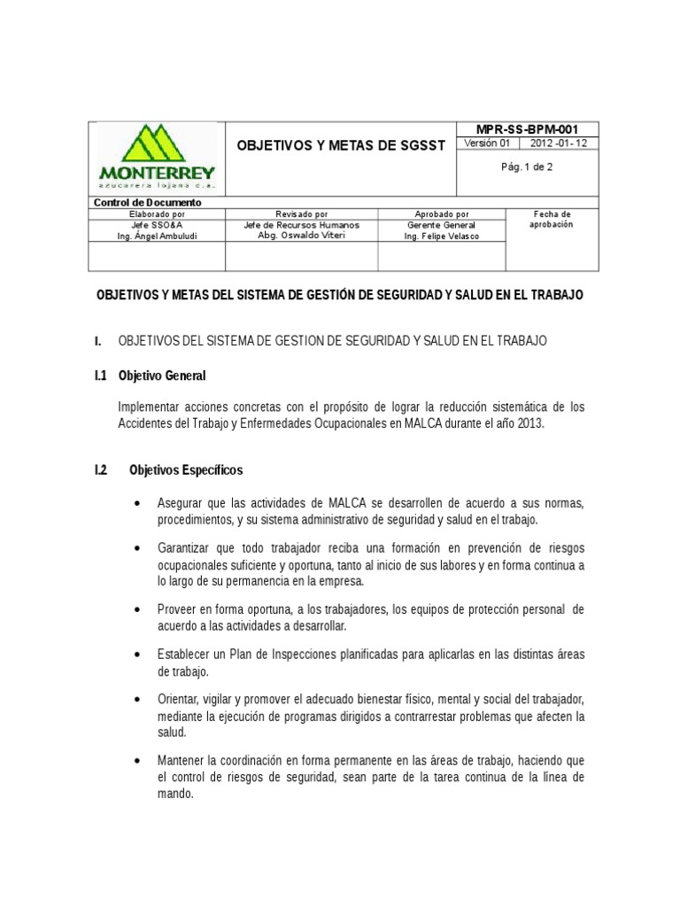 Objetivos y Metas en Seguridad y Salud en El Trabajo | PDF