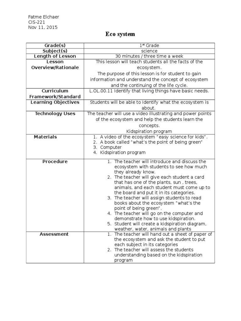 1st Grade Ecosystem Lesson Plan | PDF