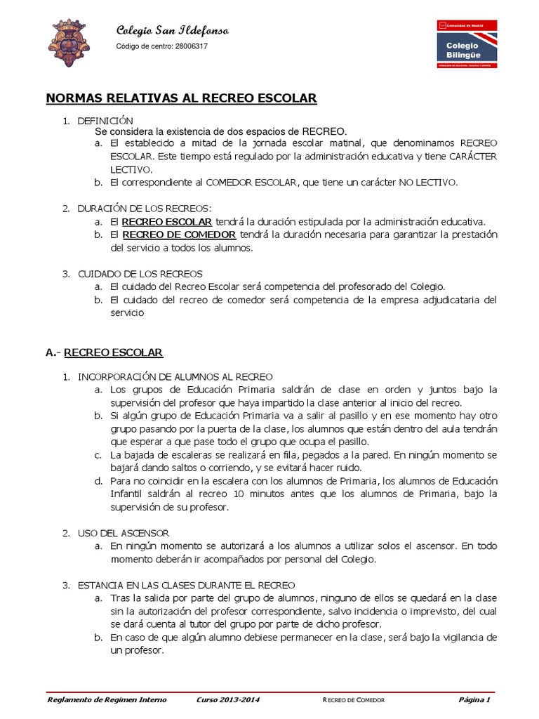 Normas del Recreo Escolar 2013-2014 | PDF | Educación primaria ...