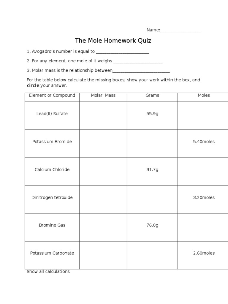 Mole Homework Quiz and Calculations | PDF | Teaching Methods ...