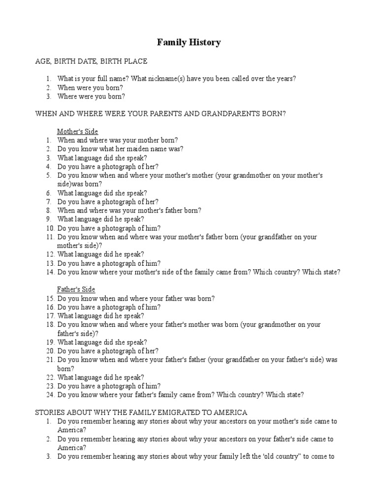 Family History Questionnaire | PDF | Grandparent | Genealogy