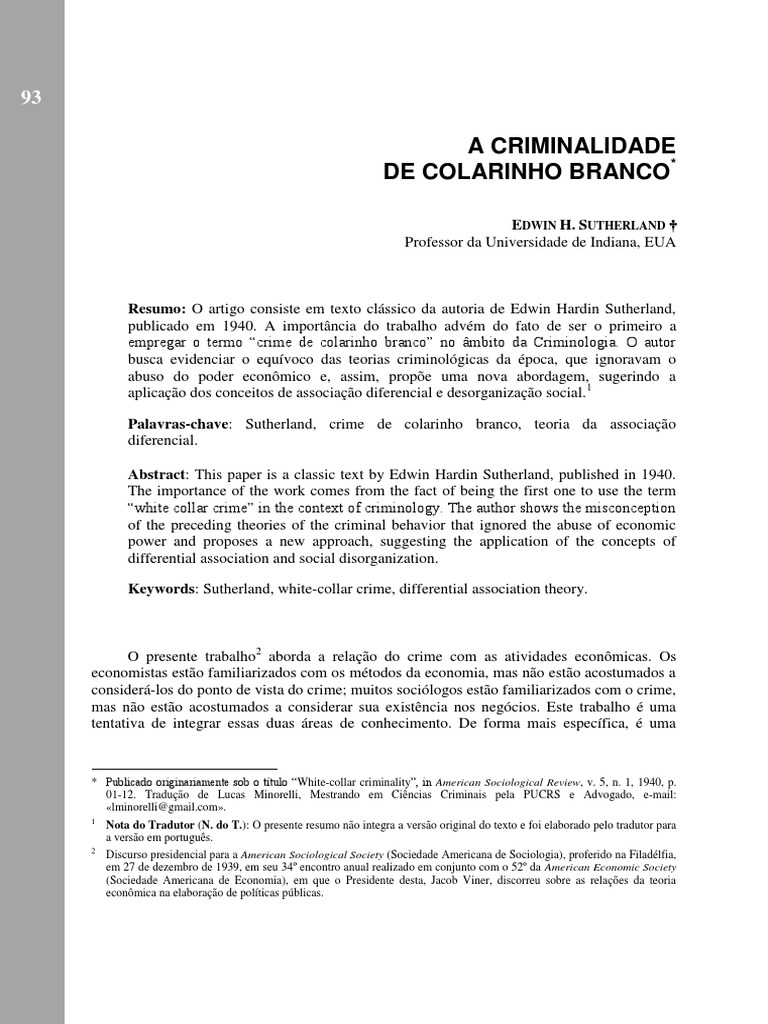 A Criminalidade de Colarinho Branco, Edwin Sutherland | PDF | Crime e violência | Thriller criminal