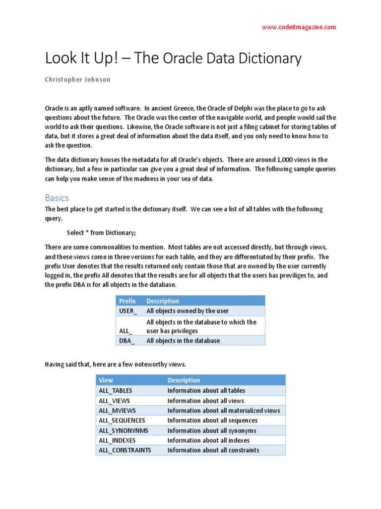 Look It Up! - Oracle Data Dictionary | PDF | Oracle Database | Database ...