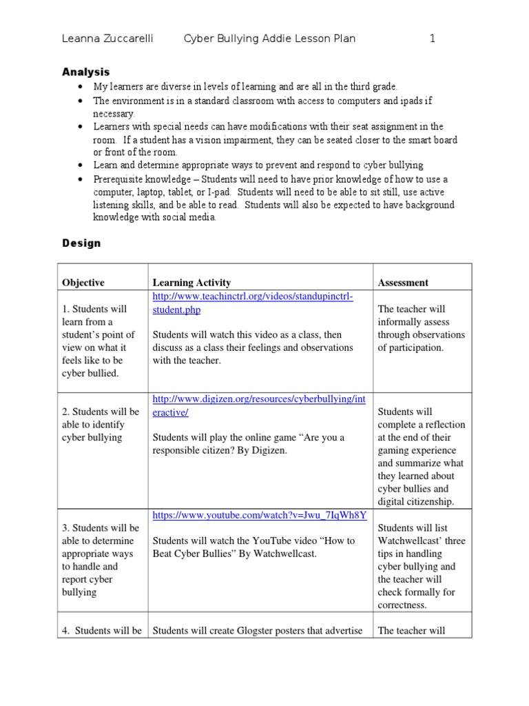 Addie Lesson Plan - Cyber Bullying | PDF | Lesson Plan | Cyberbullying