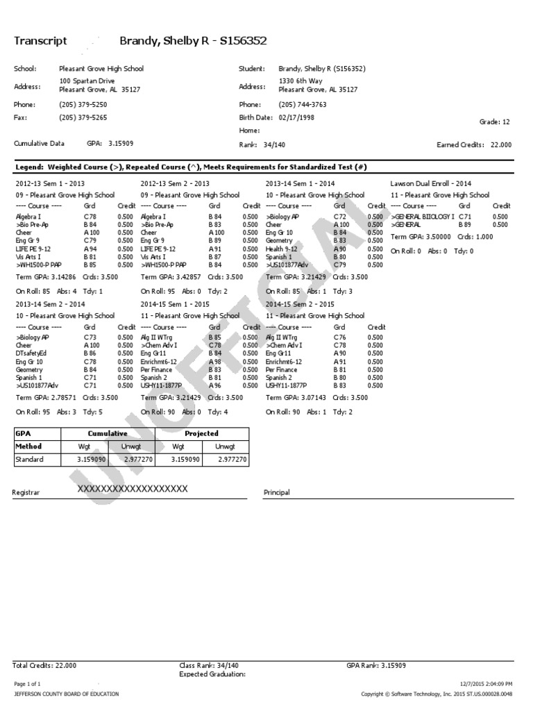Pleasant Grove High School Transcript | PDF | Business
