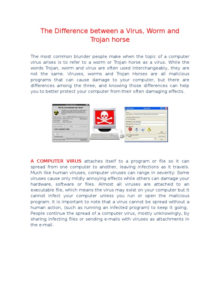 The Difference Between A Virus, Worm and Trojan Horse | PDF | Computer ...