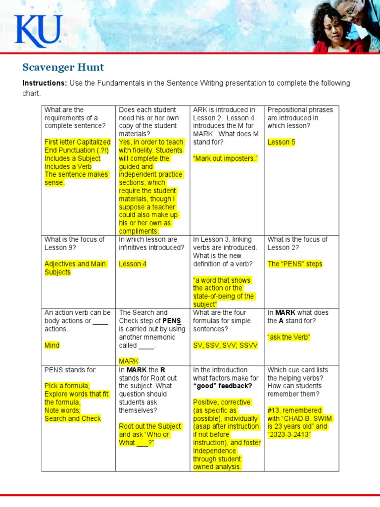 Scavenger Hunt: Sentence Structure Guide | PDF | Language Arts & Discipline