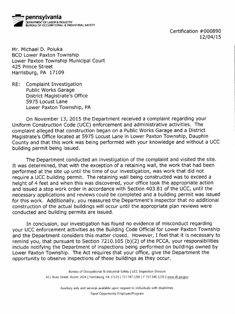 L&I Letter To Building Code Official For Lower Paxton Twp. | Building ...
