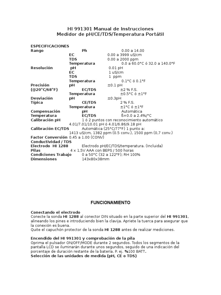 HI 991301 Manual de Instrucciones | PDF | Calibración | Medición