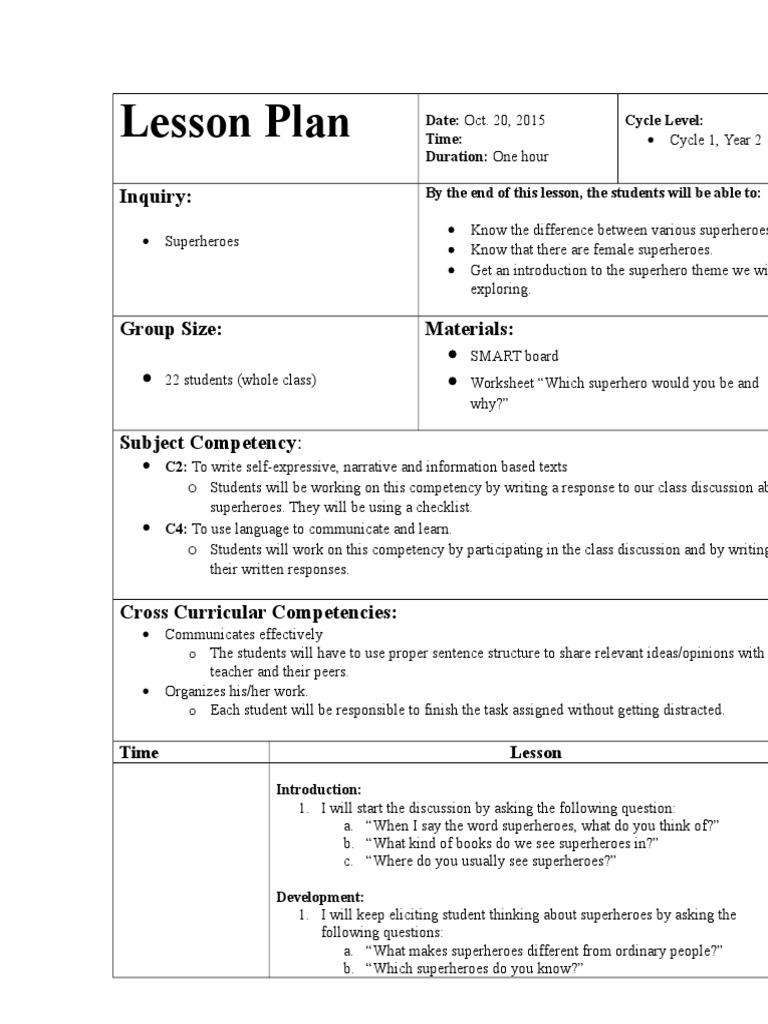 Superhero Lesson Plan for Year 2 | PDF | Lesson Plan | Competence ...