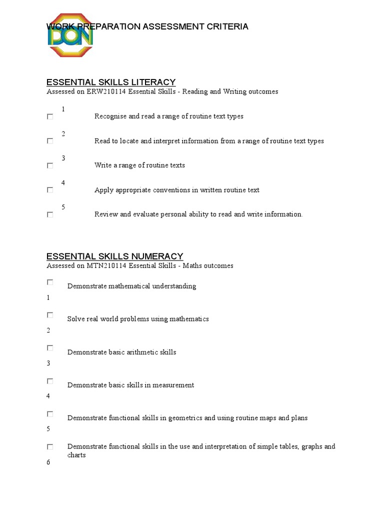 Work Preparation Assessment Criteria | PDF