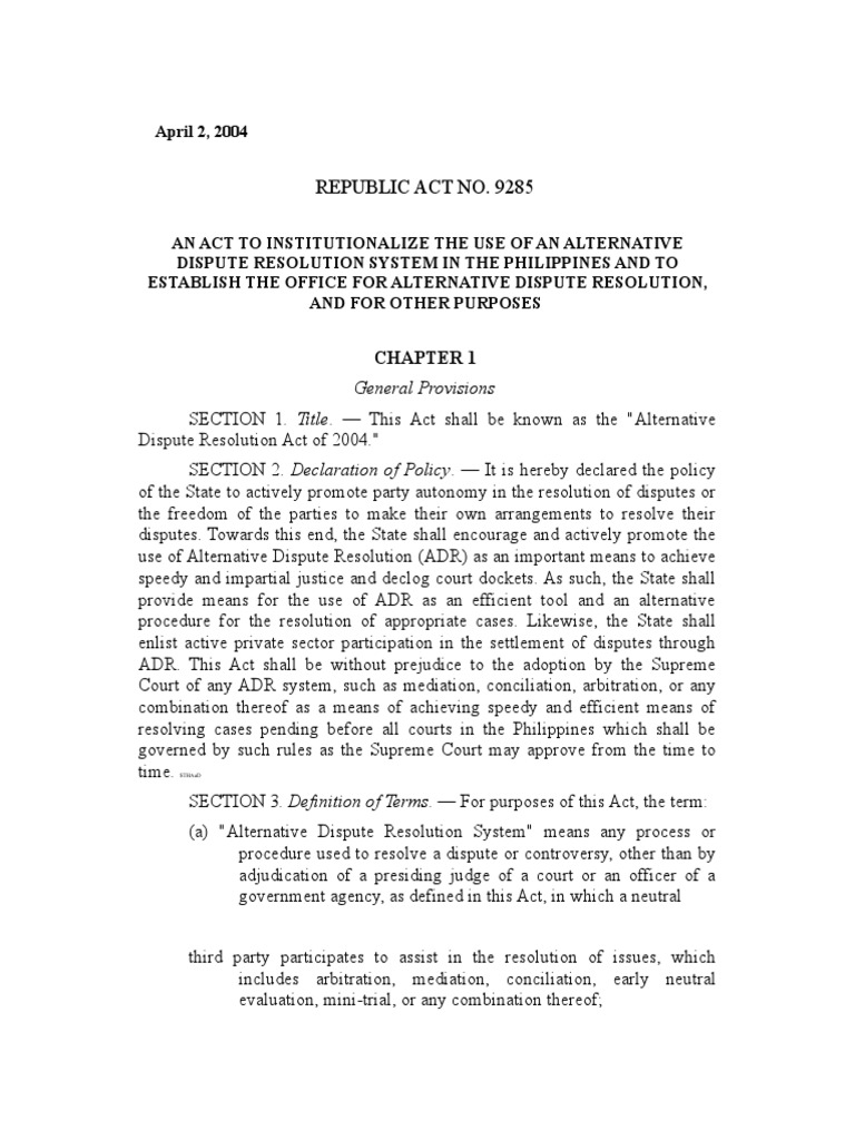 Republic Act No. 9285 | PDF | Alternative Dispute Resolution | Arbitral ...