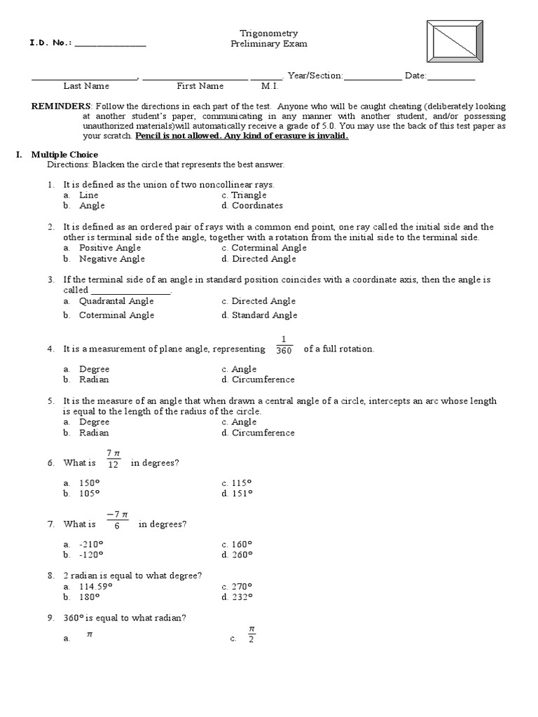 Preliminary Exam Trigonometry | PDF | Angle | Trigonometric Functions