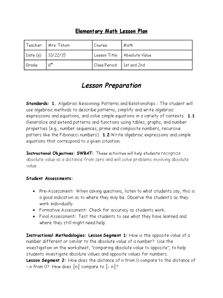 Lesson Plan On Integers For 7th Grade | PDF | Numbers | Educational ...