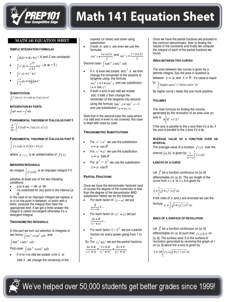 Math 141 Exam Summary Sheet | PDF | Trigonometric Functions | Integral