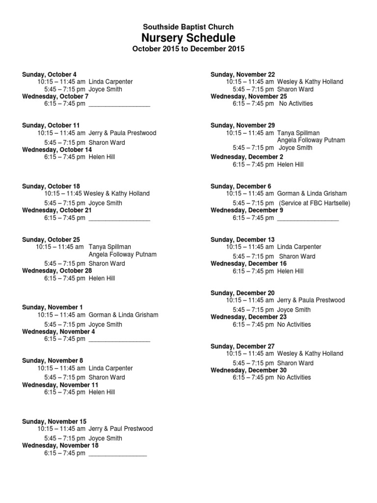 Nursery Schedule 2015 | PDF