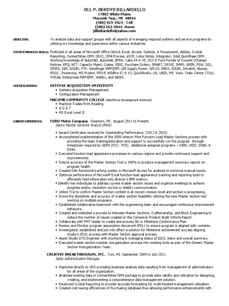 Resume - Jill P Billardello - of | PDF | Customer Relationship ...