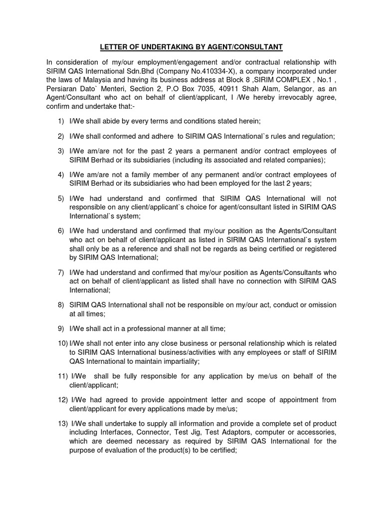 Letter of Undertaking Agent Consultant | PDF | Virtue | Social Institutions
