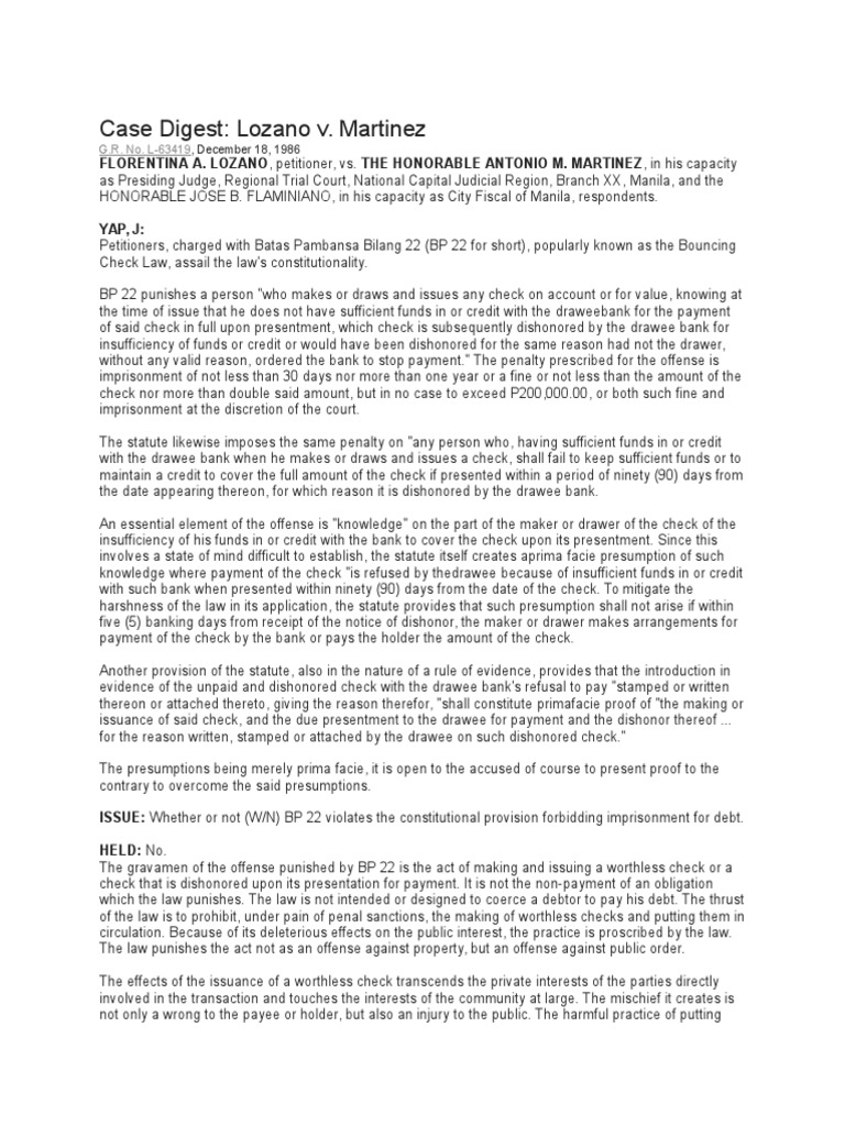 Case Digest: Lozano v. Martinez: FLORENTINA A. LOZANO, Petitioner, vs ...