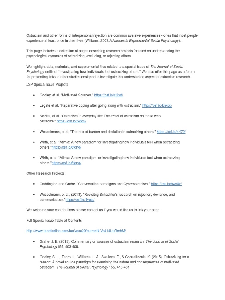 Ostracism and Other Forms of Interpersonal Rejection Are Common ...