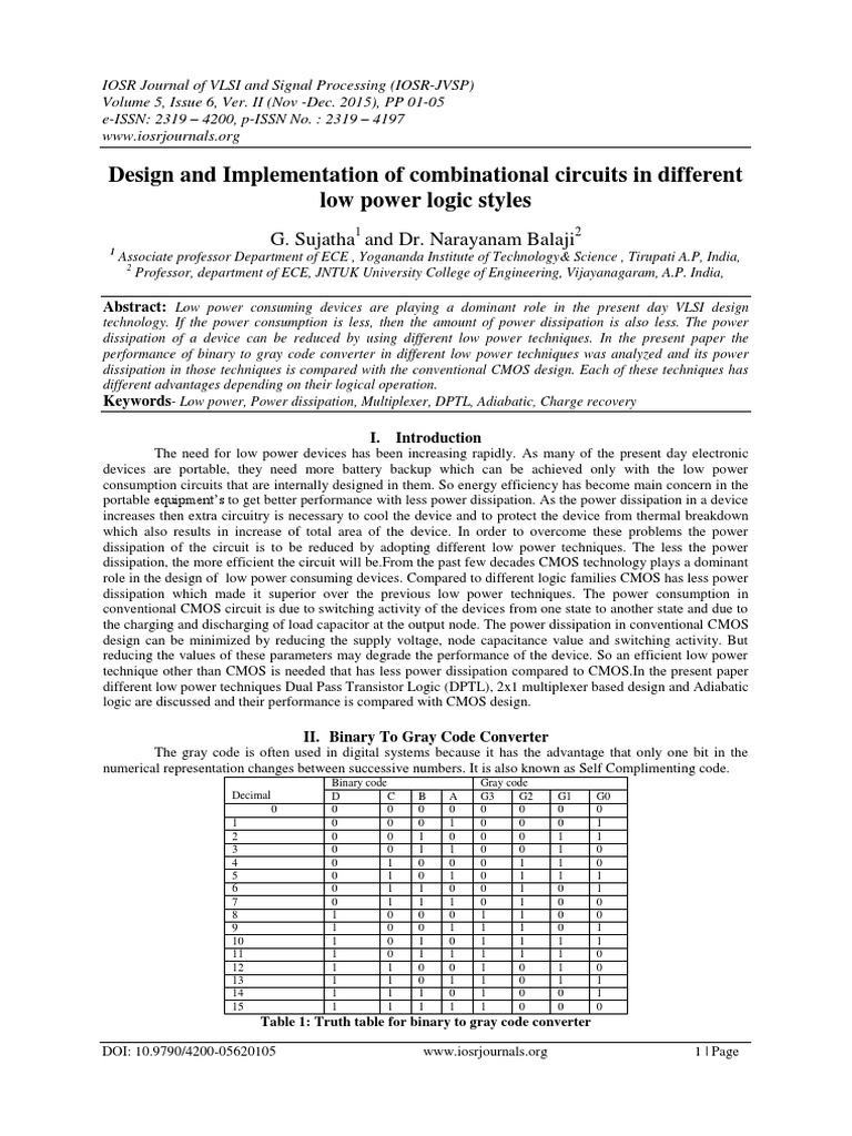 Design and Implementation of Combinational Circuits in Different Low Power Logic Styles | PDF ...