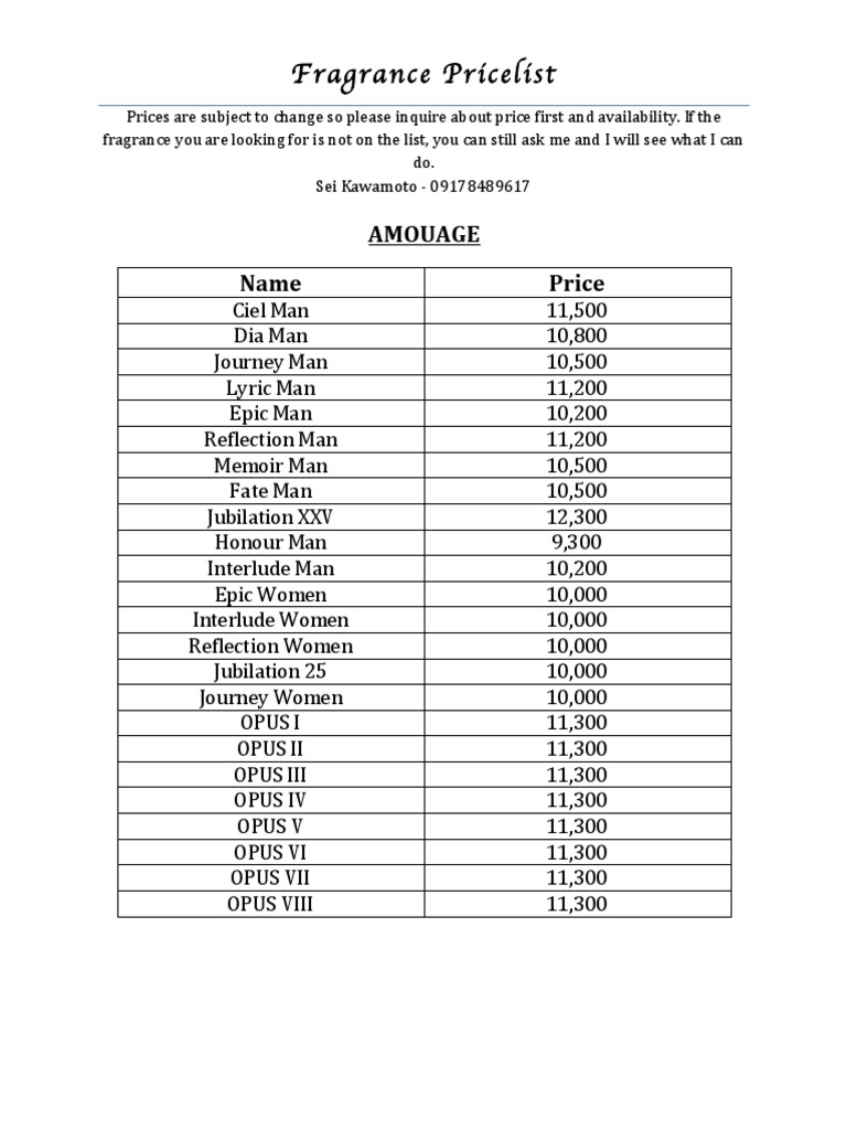 Fragrance Price List | PDF | Perfumery | Perfume