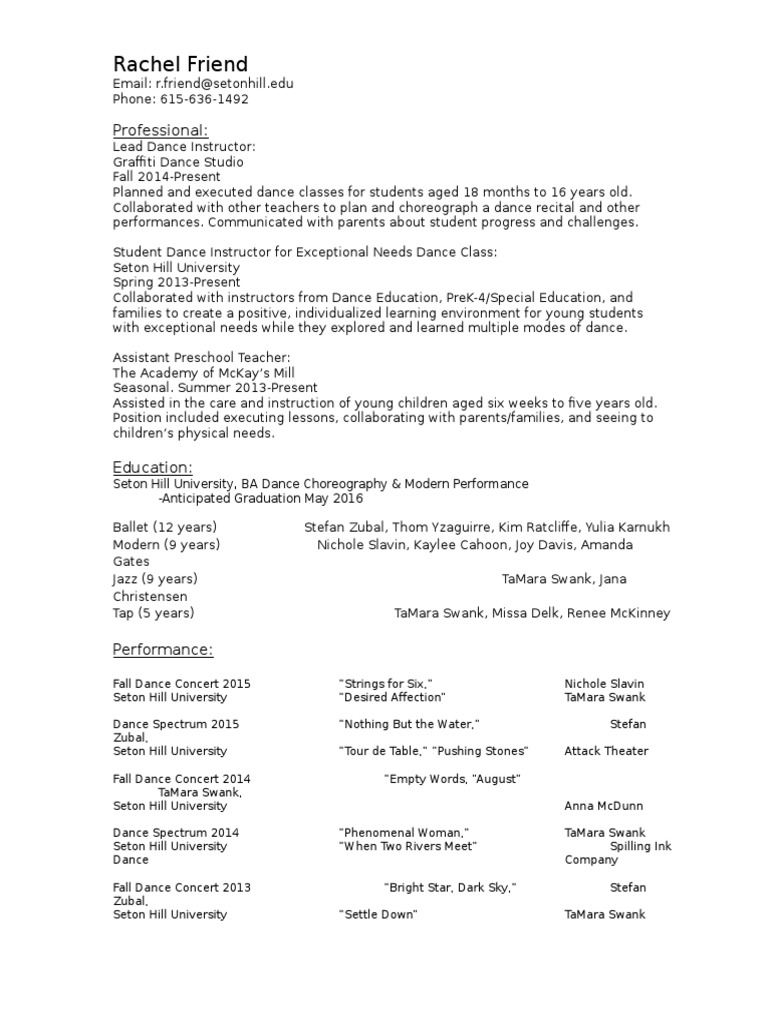Rachel Friend: Dance Instructor Resume | PDF