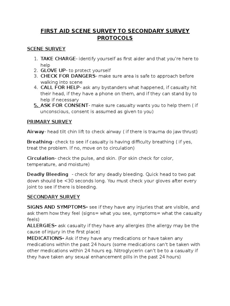 First Aid Scene Survey To Secondary Survey Protocols | PDF