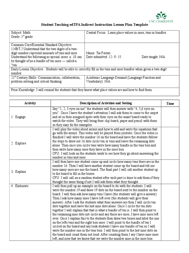 Student Teaching Edtpa Indirect Instruction Lesson Plan Template | PDF ...