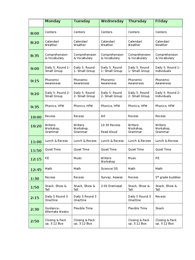 Weekly Elementary School Schedule | PDF
