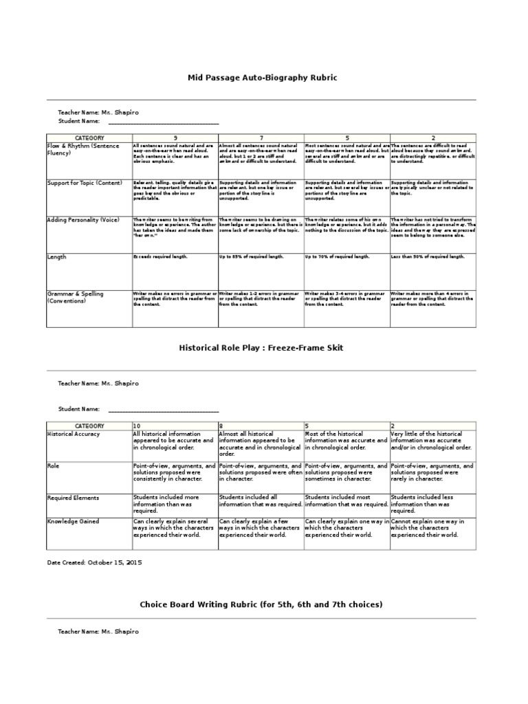 Mid Passage Choice Board Rubric Final | PDF | Narration | Punctuation