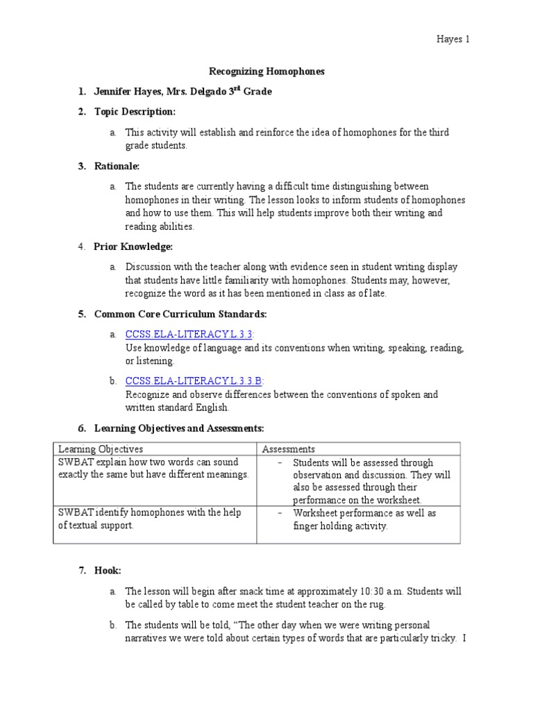 Homophones Lesson Plan for 3rd Grade | PDF | Educational Assessment ...